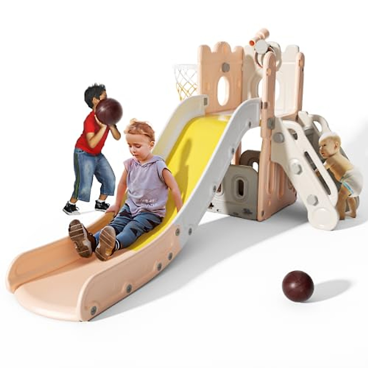 YUYUE 7 in 1 Toddler Slide,Kids Climber Slide with Storage Space and Non-Slip Steps,Indoor Outdoor Playset with Basketball Hoopa and Telescope,Slide for Toddlers Age 1-8,Slip and Slide