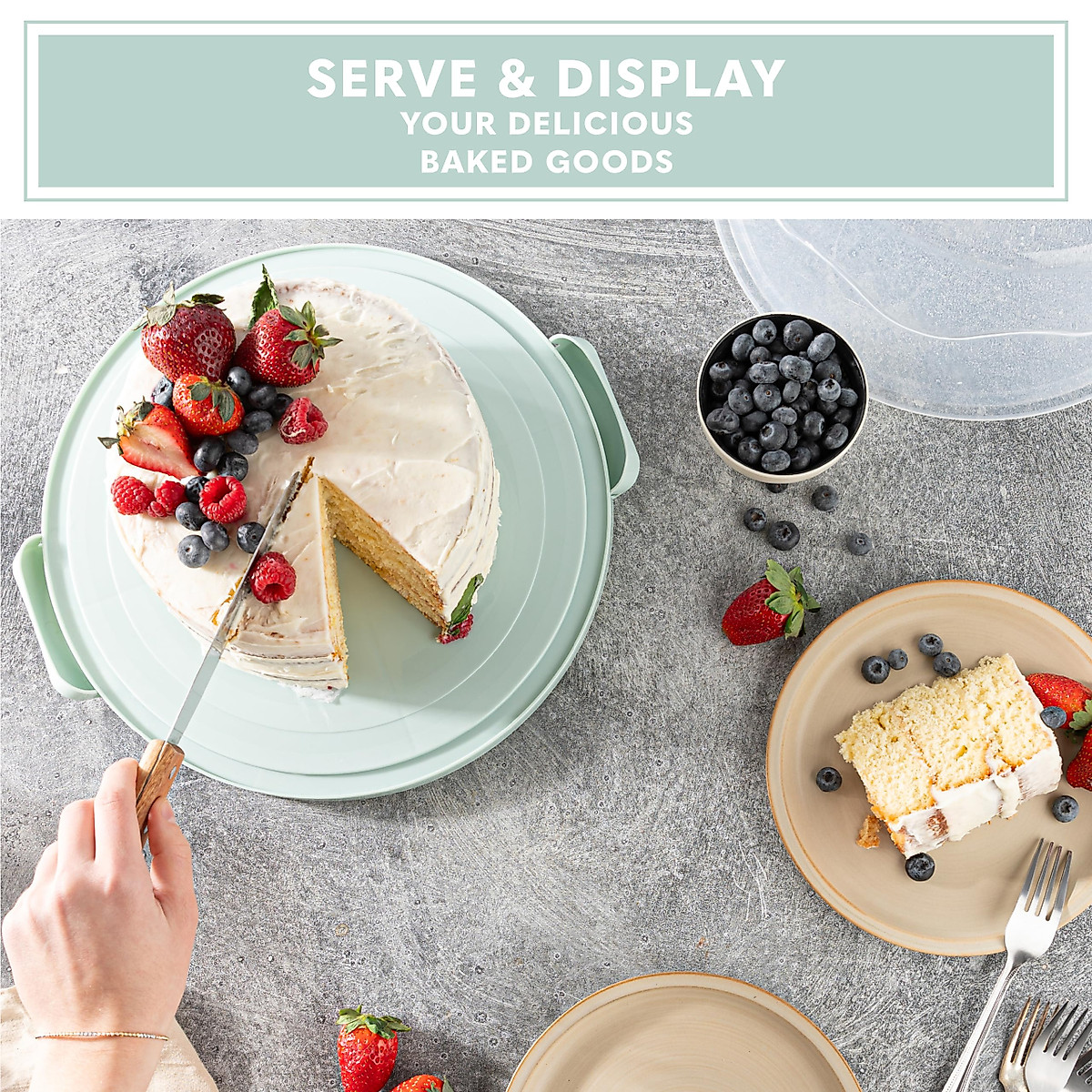 MosJos EXTRA LARGE Cake Carrier, Cake Stand with Lid and Foldable Handles - Multifunctional Serving Platter and Cake Plate - Cake Container with Dome and Strong Snaps 13 x 13 x 7 inch (White)