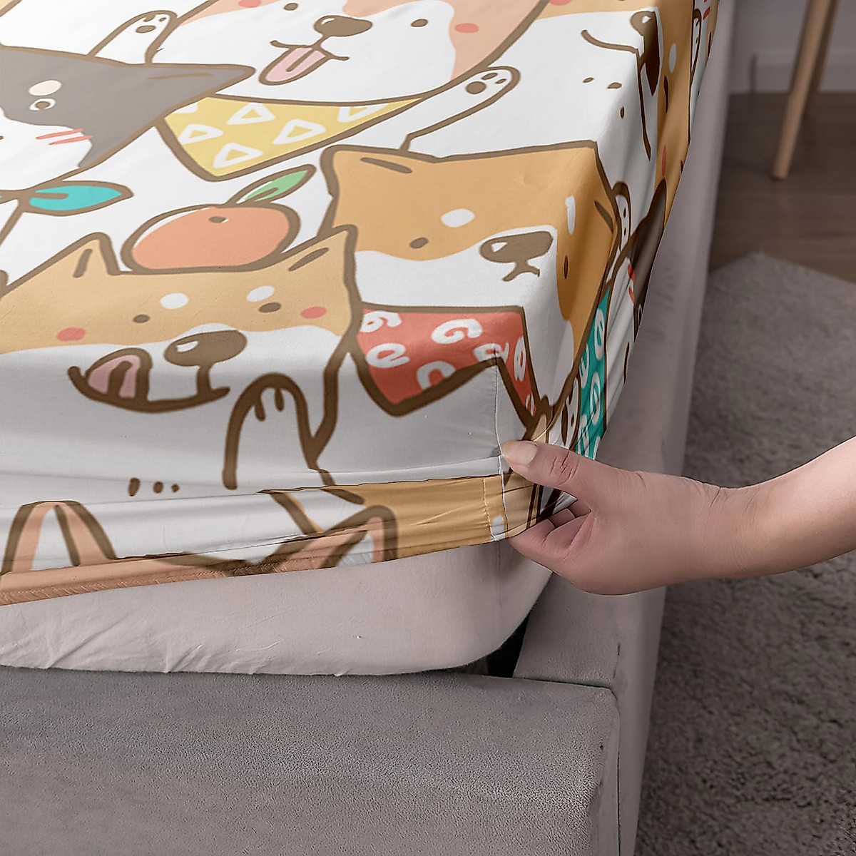 AILONEN Puppy Fitted Sheet Set Full Size, Cute Shiba Inu Dog Bed Sheet Set,Welsh Corgi Dog Puppy Sheets Set,Boys Girls Cartoon Pet Animals Bed Sheets Set 3 Pieces, 1 Fitted Sheet and 2 Pillowcases