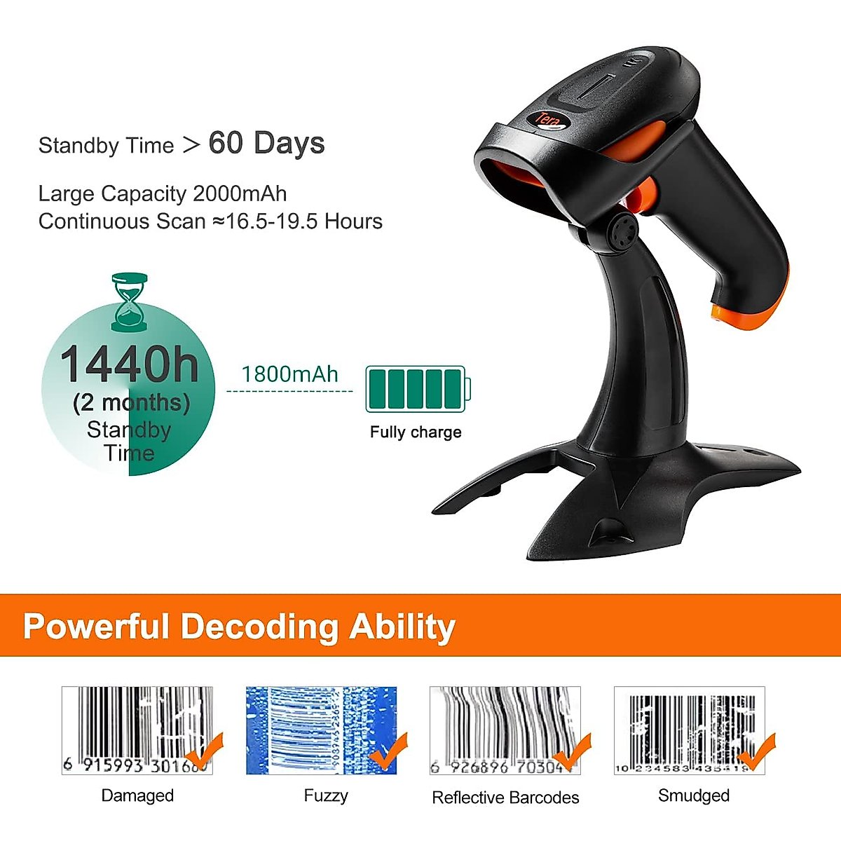 Tera Wireless 2D QR Barcode Scanner with Stand, 3 in 1 Compatible with Bluetooth & 2.4GHz Wireless & USB Wired Bar Code Reader Handheld HW0001