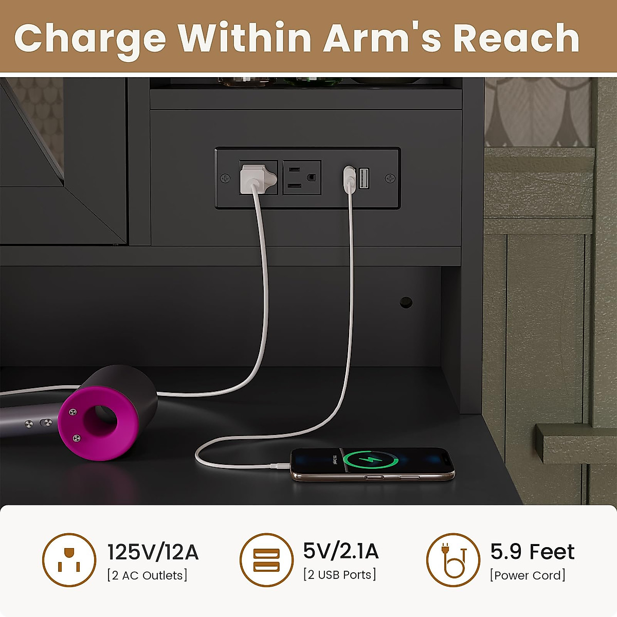 HAUOMS Farmhouse Vanity Desk with Mirror, 11 Hollywood LED Lights & Power Outlet, 43" Makeup Vanity Table with 5 Drawers, Cabinet & Shelves, 3 Color Modes, for Bedroom, Women, Black