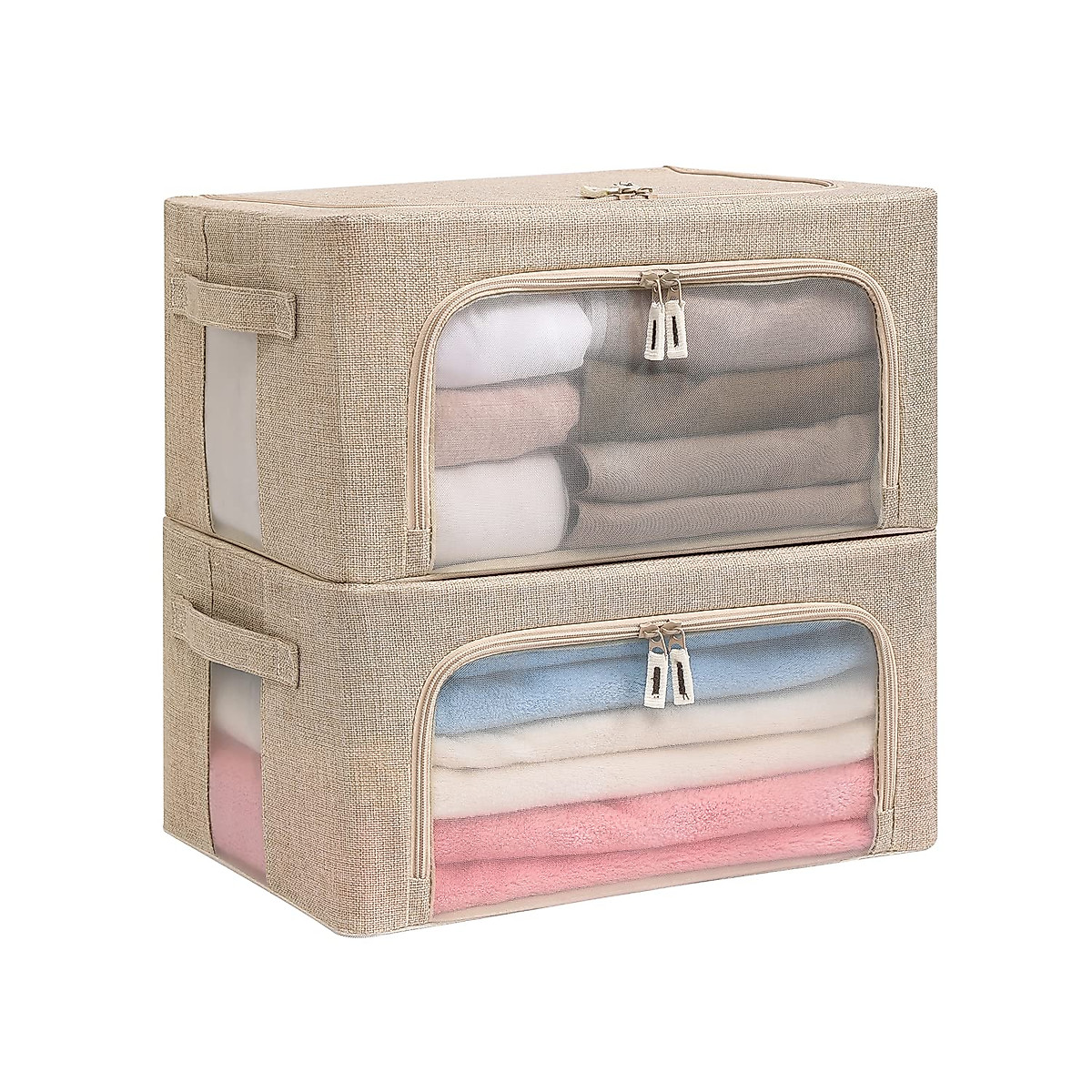 FHSQX Clothes Storage Bins,Foldable Clothing Storage Box,Stackable Steel Frame Oxford Fabric Organizer with Clear Window & Carry Handles (Beige, (15.7 * 12 * 8) x2)