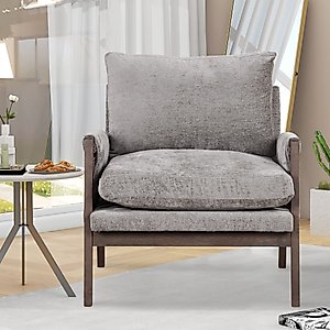 LIADTOP Mid Century Modern, Velvet Upholstered Accent Rubber Wood Frame,Comfy Reading Chair for Bedroom,Single Armchair for Living Room Office Apartment,Grey