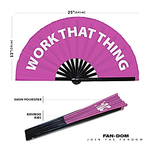 Work That Thing hand fan foldable bamboo circuit hand fan funny gag slang words expressions statement gifts Festival accessories Rave handheld Circuit event fan Clack fans (Pink)
