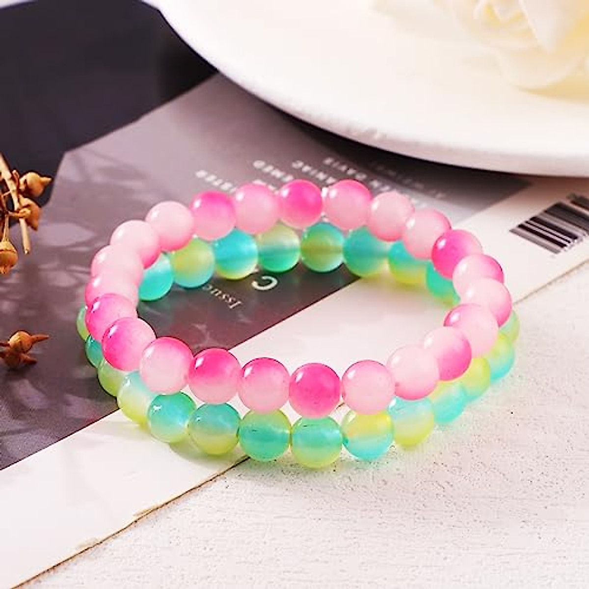 JEWPARK 22Pcs 8MM Beaded Stretch Bracelet Handmade Round Glass Bracelet for Women Men Multicolor Beads Elastic Bracelet Gift