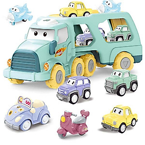 Truck Car Toys for 3 4 5 6 Year Old Boys and Girls, PEGOVANLY 7 in 1 Friction Power Play Vehicles in Transport Carrier Truck, Christmas Birthday Gifts Toddler Toys for Kids Aged 3+