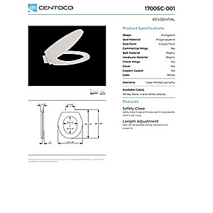 Centoco 1700SC-001 Luxury Plastic Elongated Toilet Seat with Slow Close, White