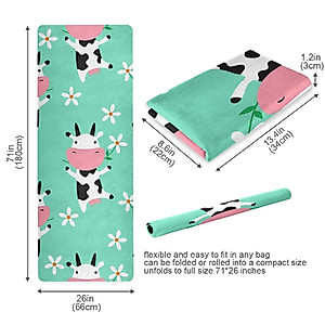 OTVEE Cute Cow Eating Grass Yoga Mat for Women Non Slip Ultra Thin 1 MM Travel Yoga Mat with Carrying Bag Suede Fitness Exercise Mat for Yoga Pilates Workout Routines Camping