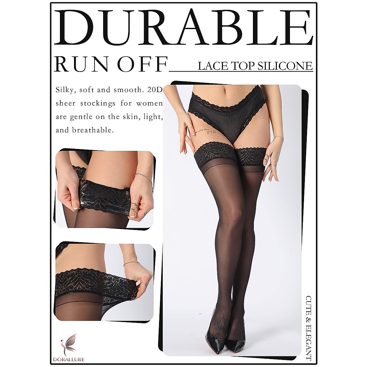 DORALLURE Thigh High Stockings Silicone Lace Top Stay Up Silky Semi Sheer Pantyhose for Women Hold Up Nylon, Black