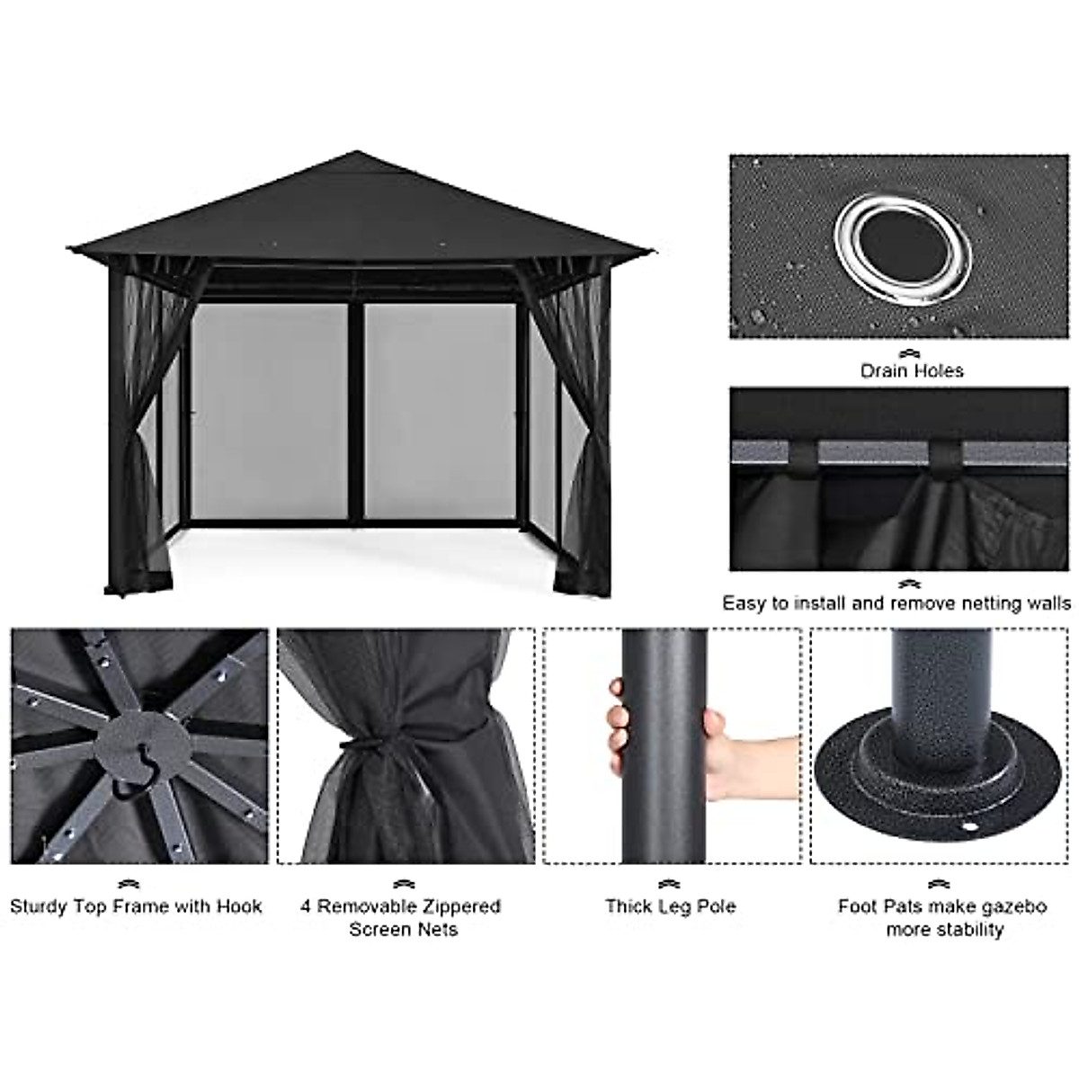 MASTERCANOPY 10x10FT Outdoor Patio Gazebo Canopy with Mosquito Netting for Lawn,Garden,Backyard and Deck(Dark Gary)