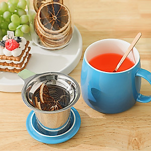 Henten Home Ceramics Tea Cup with Loose Leaf Infuser, Spoon and Lid, 15oz, Large Tea infuser Mug for Tea, Coffee, Milk-Microwave and Dishwasher Safe(15oz,Navy Blue)