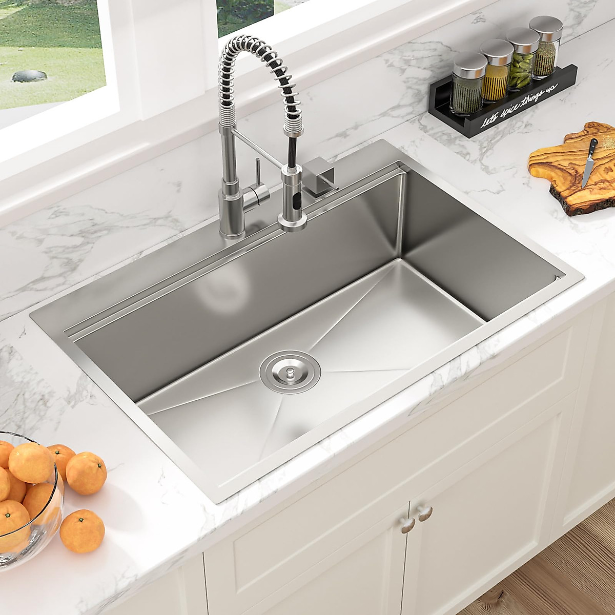 Sarlai Drop In Kitchen Sink - 33x22 Drop In Kitchen Sink Ledge Workstation 16 Gauge Stainless Steel Topmount Deep Single Bowl Over Counter Kitchen Sinks Basin Round Corners