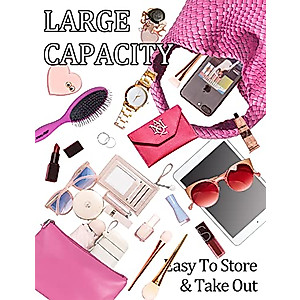 Woven Tote Handbags + Purse For Women Vegan Leather Shoulder Top-Handle Travel Shopper Bag Ladies Large Capacity Underarm Bag Rose Pink