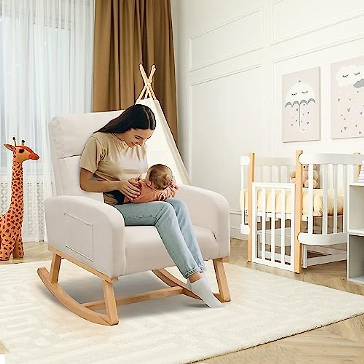 HOMYKA Rocking Chair Nursery Upholstered Glider Chair with Rubber Wood Legs Side Pocket, Rocker Accent Armchair for Living Room,Beige