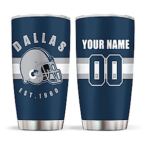 Custom Dallas Tumbler 20oz Stainless Steel with Lid & Straw Personalized Football Fans Gifts for Women Men Coffee Travel Mug Cup Add Name Number