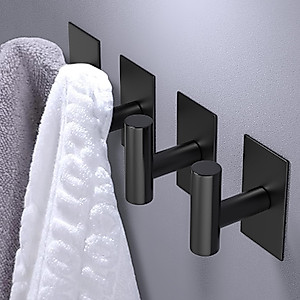VAEHOLD Wall Towel Hooks, Heavy Duty Sticky Holder Waterproof Towel Hooks for Hanging Coat, Clothes, Closet Hook Wall Mount for Kitchen (Black, Adhesive 2 Pack)