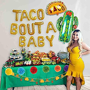 Taco Bout A Baby Gold Balloons Banner Mexican Fiesta Cactus Picado Banner Baby Shower First 1st Birthday Party Decorations Supplies Theme Boy or Girl Gender Reveal Fiesta Tattoos Stickers…