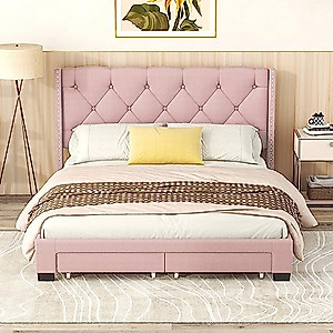 Livavege Upholstered Bed Frame Queen Size with 2 Storage Drawers and Button Tufted Headboard, Modern Queen Platform Bed with Wooden Slats Support, Bedframe No Box Spring Needed, Pink