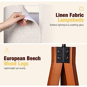 Isloys Wood Tripod Floor Lamp, 3 Color Temperatures Mid Century Modern Boho Floor Lamp, Tall Standing Lamps for Living Room Bedroom Office, Flaxen Lamp Shade with E26 Lamp Base