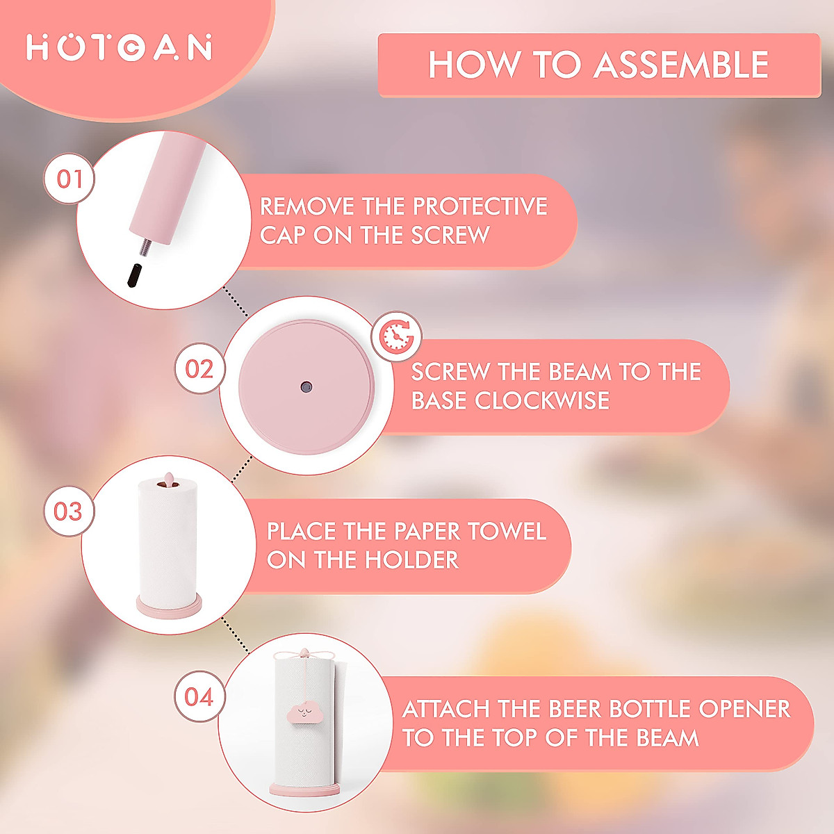 HOTCAN Wood Pink Paper Towel Holder for Countertop, Cute Paper Towel Holder with Beer Bottle Opener, Pink Kitchen Accessories Made of Beech Wood, Pink Home Decor, Windproof Design for Outdoor Use