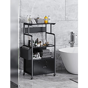 Bealife 3 Tier Home Office Printer Stand with Drawer,Side Canvas Bag, Metal Hook, Tall Mobile Printer Rack Cart with Ample Storage Space, Durable Lockable Casters, Multifunctional in Use - Black