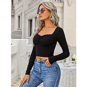 SOLY HUX Womens Long Sleeve Crop Tops T Shirts Ribbed Knit Lace Ruched Sweetheart Neck Casual Basic Fitted Tees Solid Black A S