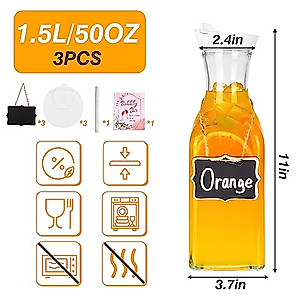 CUCUMI 3pcs 50oz Glass Carafe with Lids, 1.5 Liter Glass Water Pitcher Juice Containers Beverage Jugs for Mimosa Bar, Iced Tea, Cold Beverage, Milk
