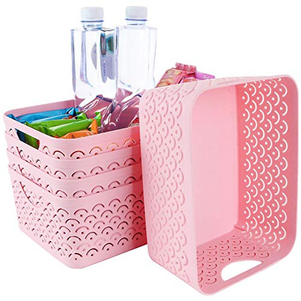 STARVAST 5 Pack Plastic Storage Baskets, Portable Pink Fish Scale Pattern Hollow Desktop Storage Bin Box with Handle for Kitchen, Bathroom, Kids Room or Nursery Storage – 9.4 x 7.1 x 4.1 inches