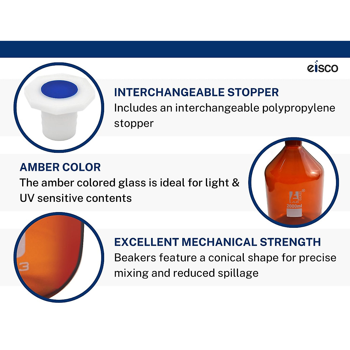 EISCO Labs 125ml Amber Reagent Bottle, Narrow Mouth with Acid Proof Polypropylene stopper, socket size 19/26