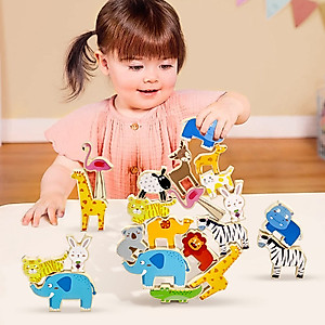 Wooden Animal Blocks Stacking and Balancing Toy, Toddler Big Wood Animal Figures Blocks, Preschool Educational Toys and Stack Balance Games for Kids