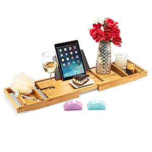 Luxury Bamboo Bathtub Caddy Tray with Two Free Bath Bombs, Soap Holder, and Non-Slip Silicone Grips - Durable and Solid - Expandable Organizer with Removable Spa Trays