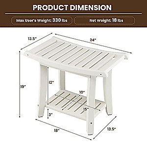 GOFLAME 2-Tier Shower Bench, Spa Bath Shower Stool with Curved Seat, 2 Easy-to-Grip Handles, Storage Shelf & Non-Slip Foot Pads, Waterproof Shower Chair for Bathroom, Living Room, Entryway, Off White