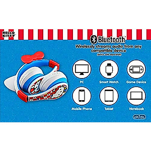 eKids Hello Kitty Kids Bluetooth Headphones, Wireless Headphones with Microphone Includes Aux Cord, Volume Reduced Kids Foldable Headphones for School, Home, or Travel