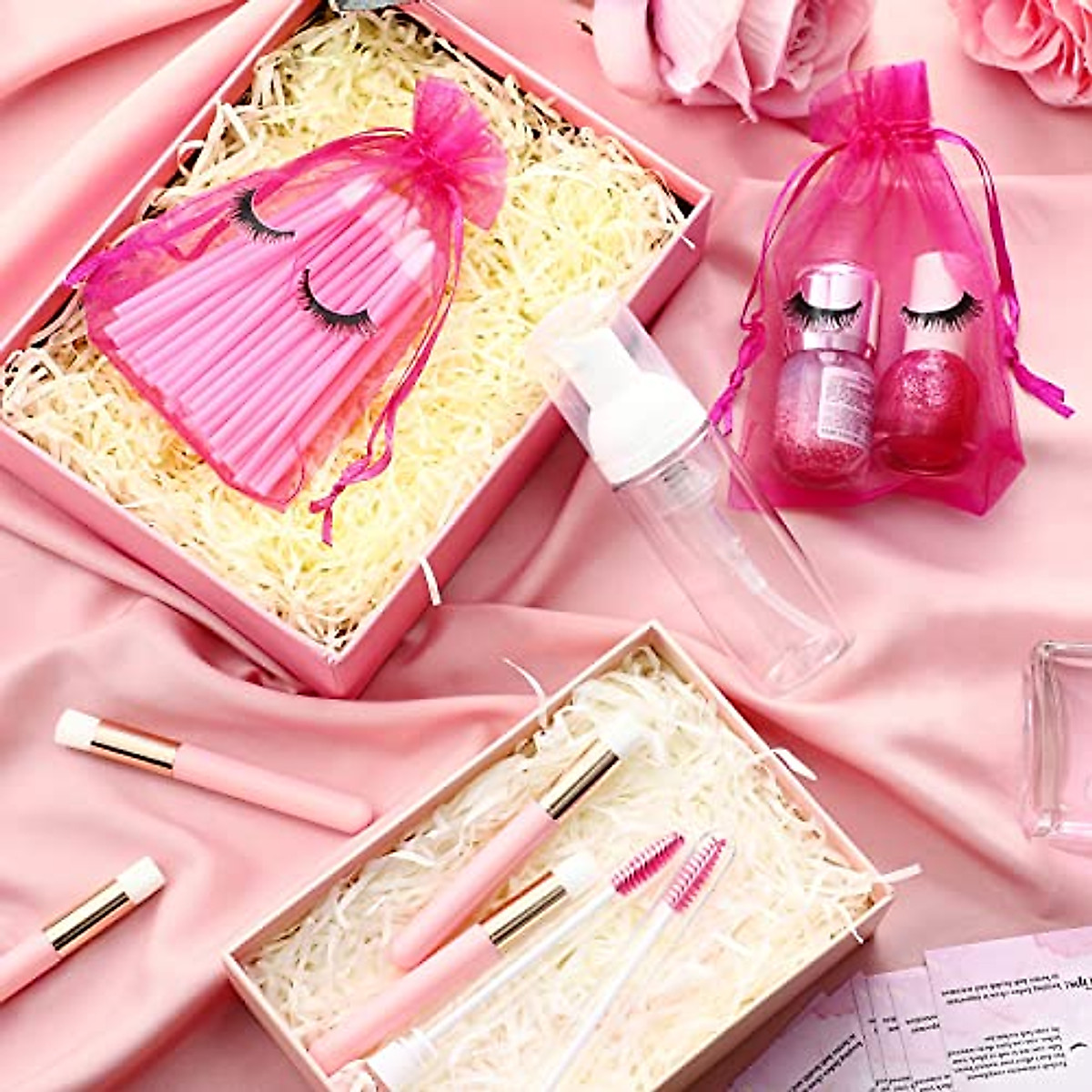 8 Pcs Lash Shampoo Brushes Set Eyelash Aftercare Bag Disposable Mascara Tubes Foam Pump Bottle Extension Aftercare Instructions Cards Eyelash Accessories for Women Mother's Gift(Mesh Bag, Organza)