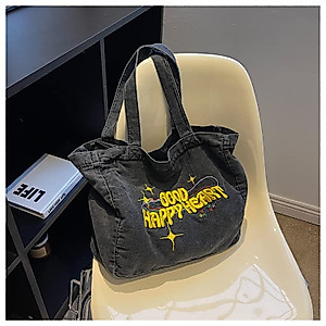 Retro Y2K Denim Shoulder Bag, Hobo Crossbody School Bag, Aesthetic Handbag Fairy Grunge Tote Bag (black)