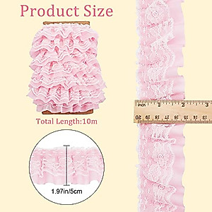 GORGECRAFT 11 Yards Pink Double-Layer Pleated Chiffon Lace Trim 5cm Wide 2-Layer Gathered Ruffle Trim Edging Tulle Trimmings Fabric Ribbon for Home DIY Sewing Crafts Costume Pillowcase Embellishments