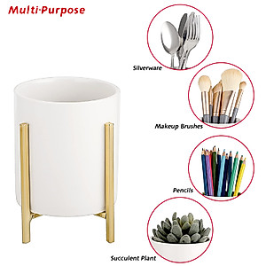 JUXYES Pack of 3 Ceramic Silverware Holder For Table Setting, White Cutlery Holder Holder With Golden Metal Bracket, Small Flatware Caddy Organizer Utensil Holder Organizer for Kitchen Dining Tables