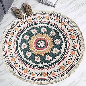 Miiciuib Boho Round Rugs, 3'x3' Round Bohemian Mandala Tassels Decor Carpet Woven Circle Mat for Kitchen Living Room Bedroom Bathroom