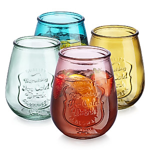 Glaver's Stemless Wine Glasses Set of 4 – 21oz Assorted Colored Wine Tumblers– Unique Embossed Logo, Vintage Cute Wine Glasses for, Beer, Juice, Cocktails, Fresh Drinks, Beverages, and more.