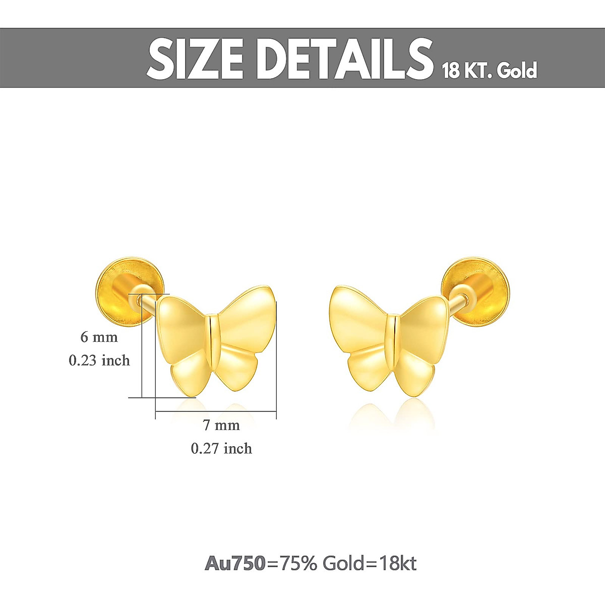 SISGEM 18k Yellow Gold Butterfly Earrings Screw Back, 18 Carat Gold Studs for Women