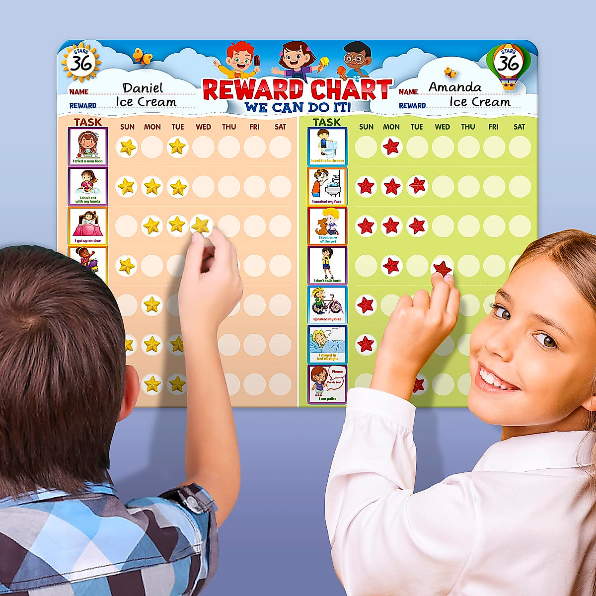 Chore Chart for Multiple Kids, Behavior Chart for Kids at Home, Dry Erase, and Magnetic Reward Chart for 2 Kids, Includes 54 Chores