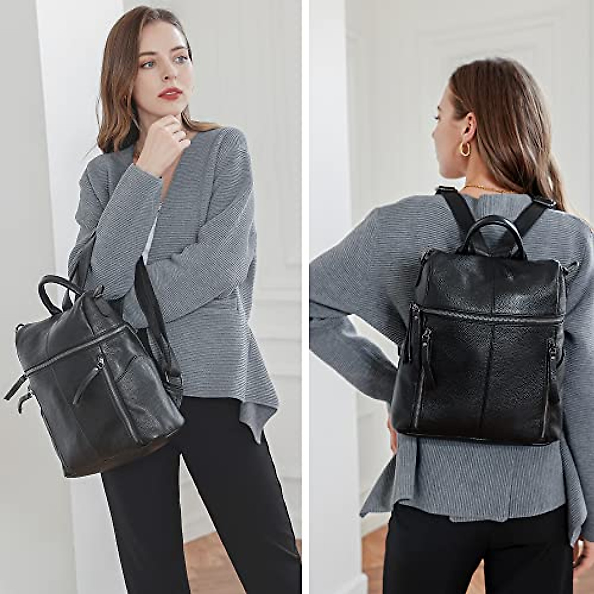 Iswee Genuine Leather Vintage Casual Daypack Backpacks Travel Essentials Anti-theft Work Fashion Backpack Purse for Women (Black)