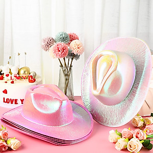 6 Pieces Glitter Cowgirl Hats Women Bride Hat Holographic Cowboy Hat Space Hats for Wedding Birthday Bachelorette Parties Favors (Beige and Pink)