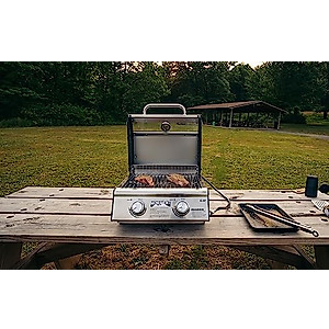 Portable Propane Gas Grill 2-Burner Tabletop Clearview Monument Grills for Outdoor Camping Cooking, Two 15,000 BTU Burners, Stainless Steel, and Built-in Thermometer