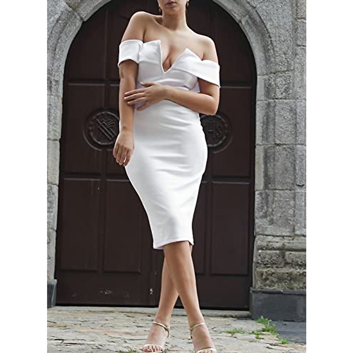 AlvaQ Women Off The Shoulder Evening Bodycon Club Midi Dress XX-Large White