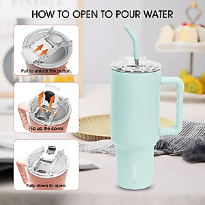 40 oz Tumbler With Handle and 2 Straws 1 Lid, Insulated Tumblers Stainless Steel, Upgraded Leak-Proof Lid For Hot and Cold Insulation Travel Coffee Cup Mug 2024 Upgrade（Green Tint）