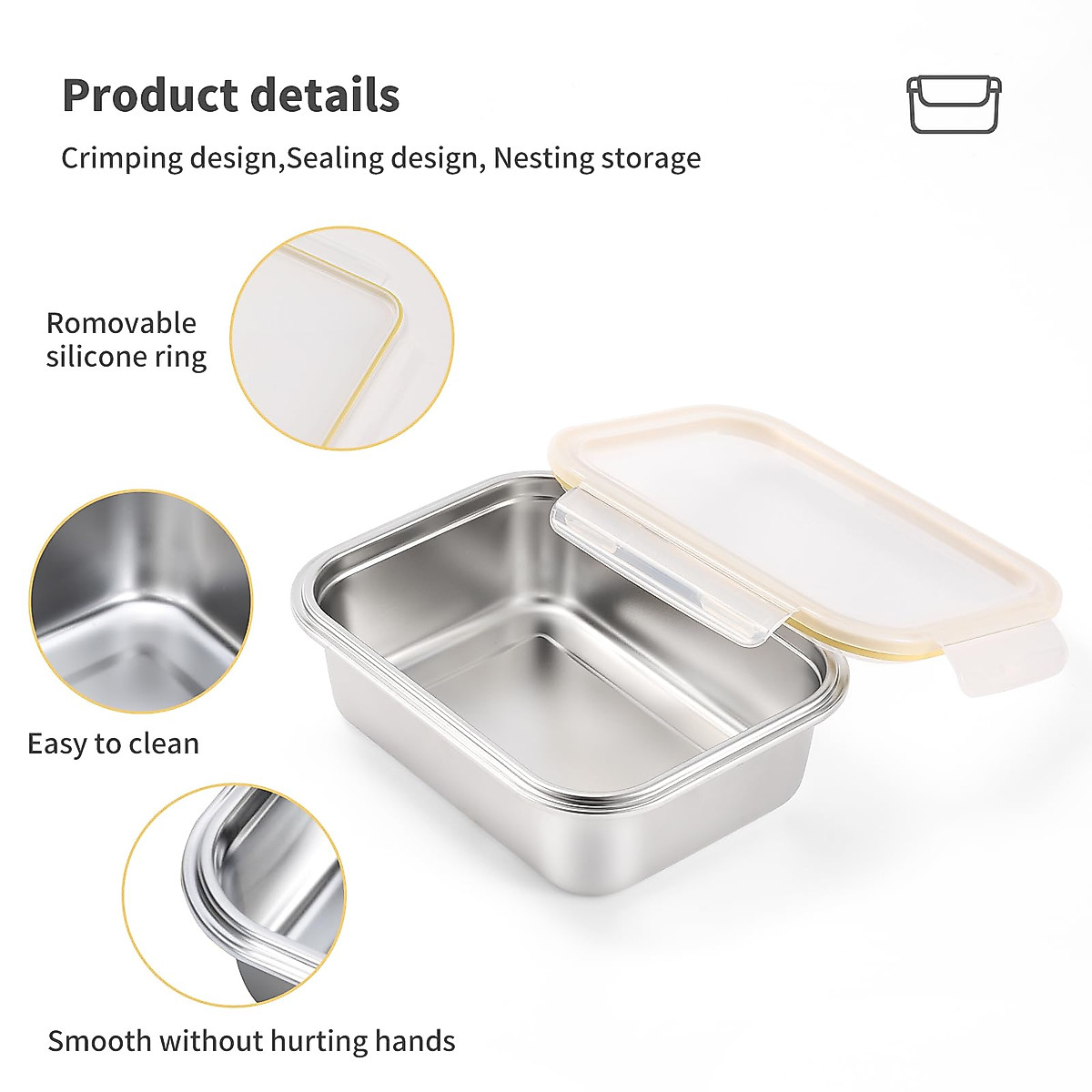 GEEJA 18/8 Stainless Steel Food Storage Containers, Meal Preparation Container Set, Baking Pan, Leak Proof Stackable Light and Easy Storage, Metal Set of 5 (2PC 21oz/2PC 43oz/1PC 169oz)