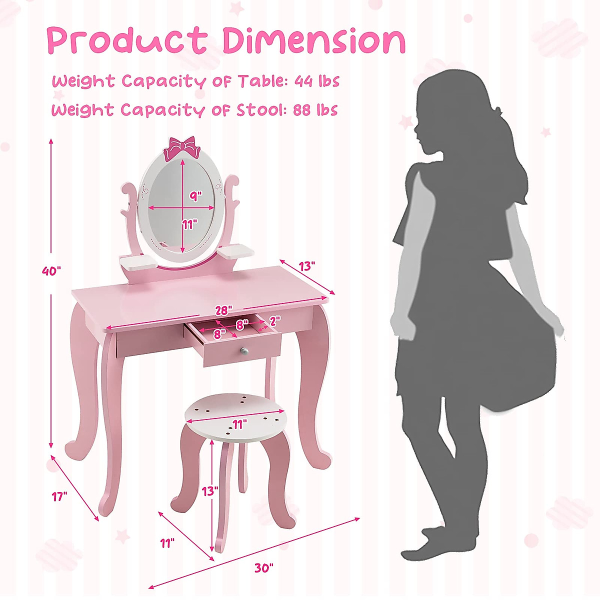 Costzon Kids Vanity Set with Mirror, 2 in 1 Princess Makeup Dressing Table w/Detachable Top, Toddler Vanity with 360° Rotating Mirror, Drawer & Stool, Pretend Play Vanity Set for Little Girls, Pink