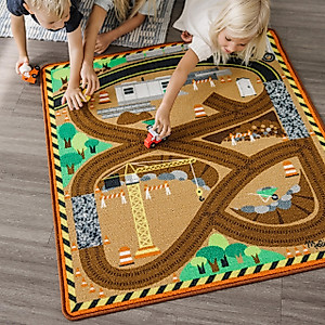 Melissa & Doug Round the Construction Zone Work Site Activity Play Rug With 3 Wooden Trucks (39" x 36")