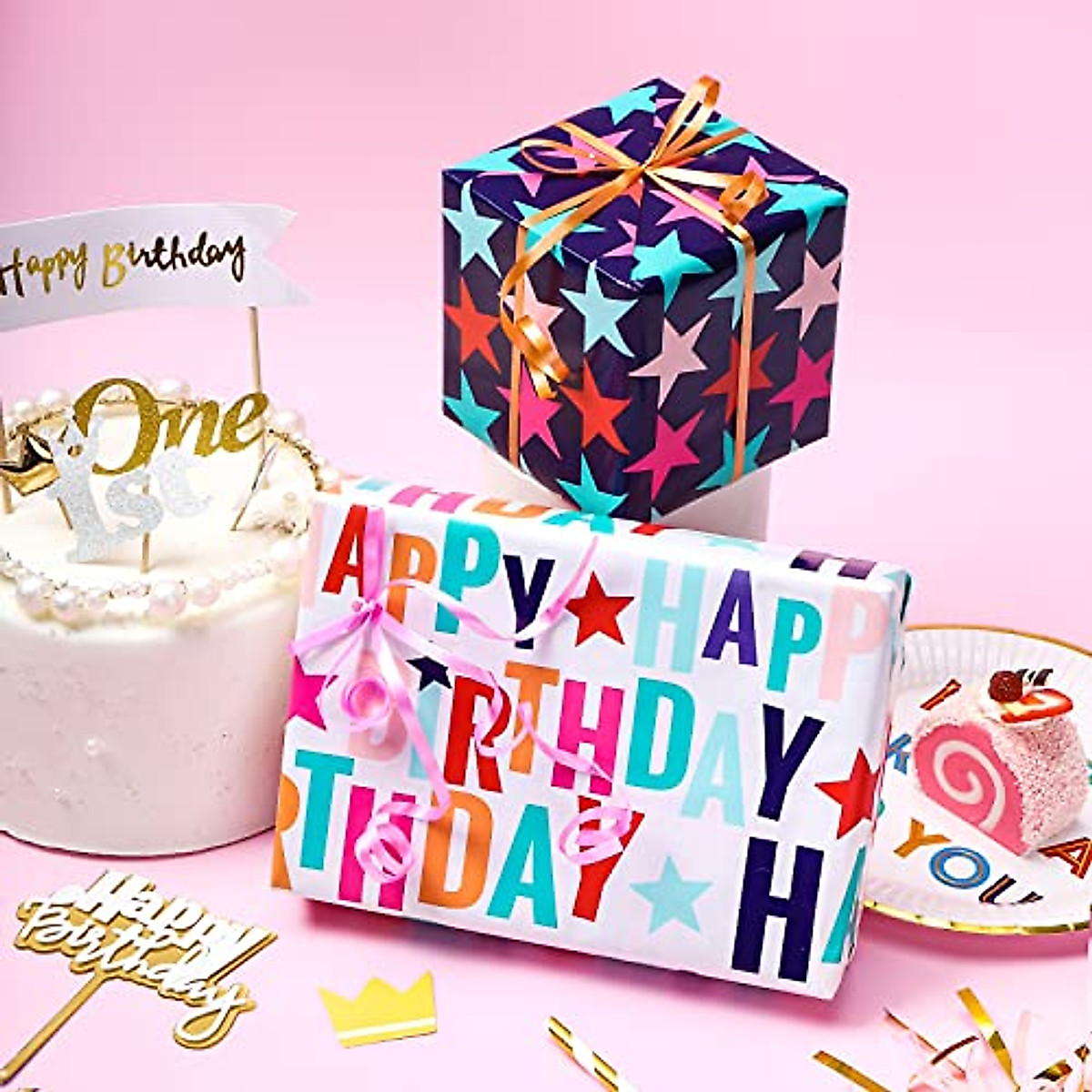 LeZakaa Reversible Birthday Wrapping Paper Roll - Happy Birthday Lettering & Star - 17 inches x 32.8 Feet (46.45 sq.ft.)